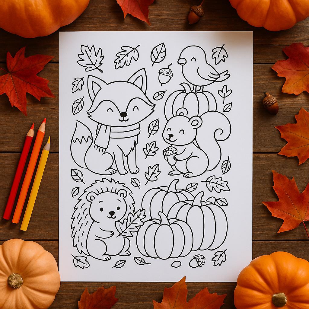 Fall Woodland Animals Coloring Page | Fox, Squirrel, Hedgehog ...