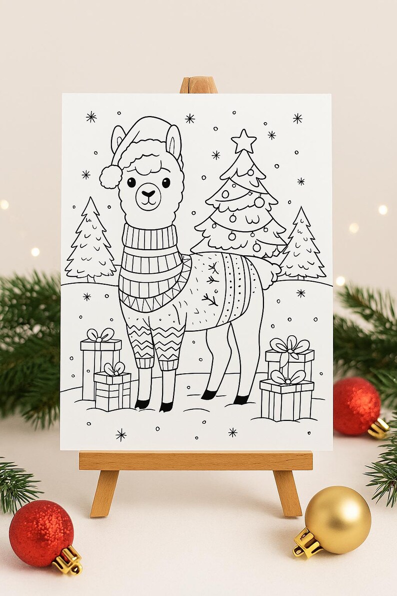 Christmas Llama Coloring Page | Holiday Winter Scene (digital Download ...