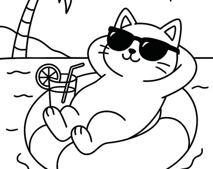 Beach Cat Coloring Page: Relaxing Summer Fun (digital Download) - Etsy