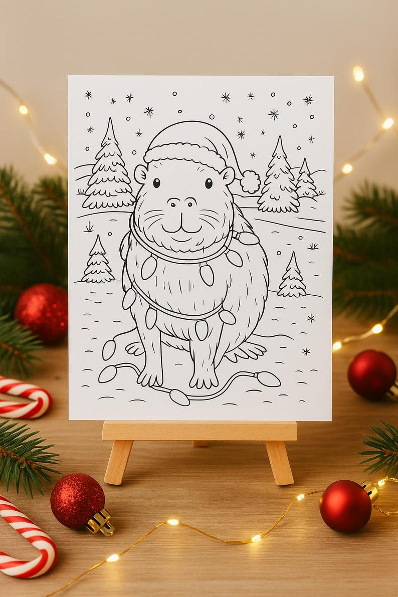 Christmas Capybara Coloring Page - Holiday Animal Printable (PDF/PNG ...