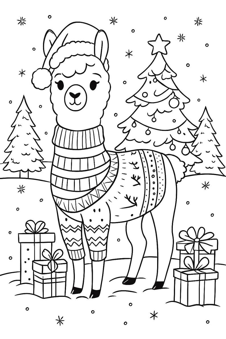 Christmas Llama Coloring Page | Holiday Winter Scene (digital Download ...