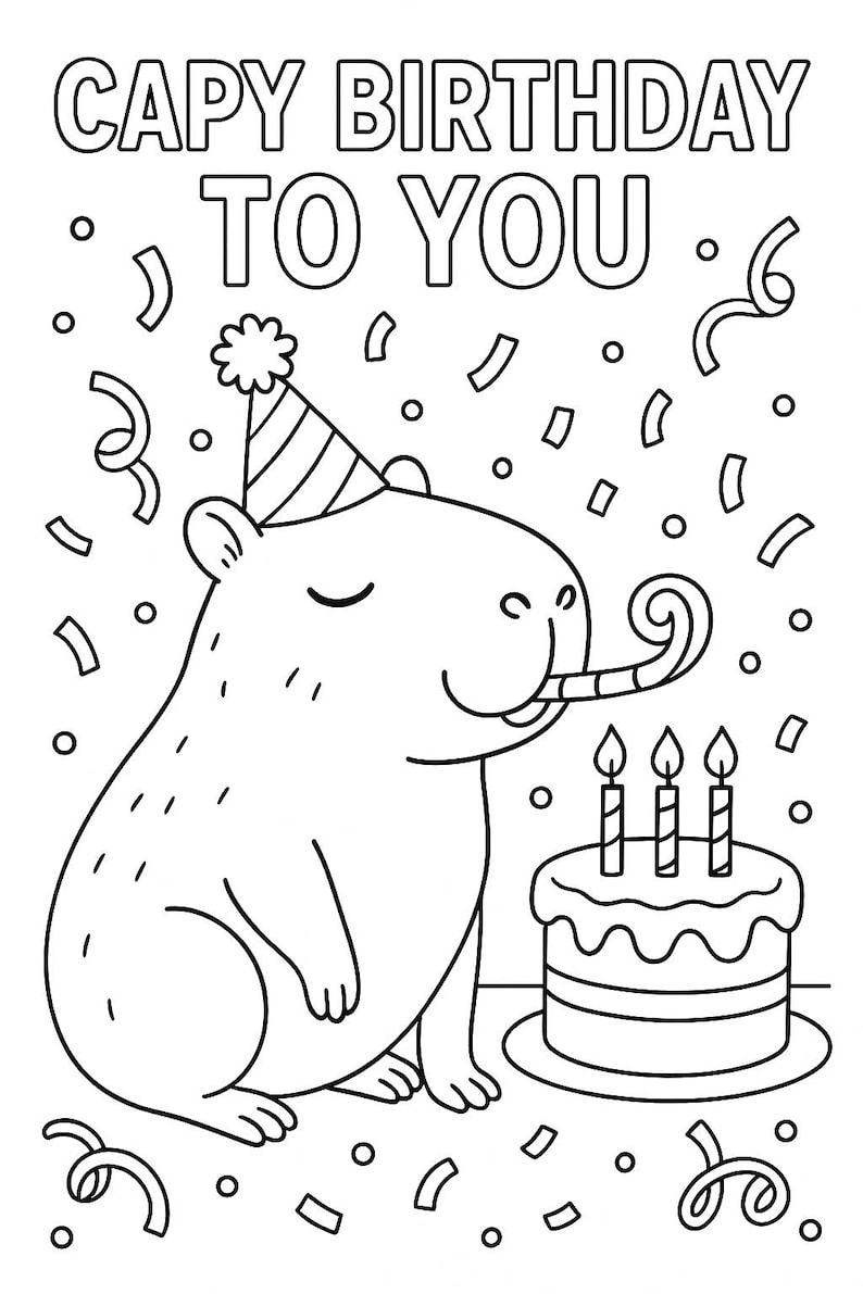 Capybara Birthday Coloring Page | Cute Capy Birthday Printable | Animal ...