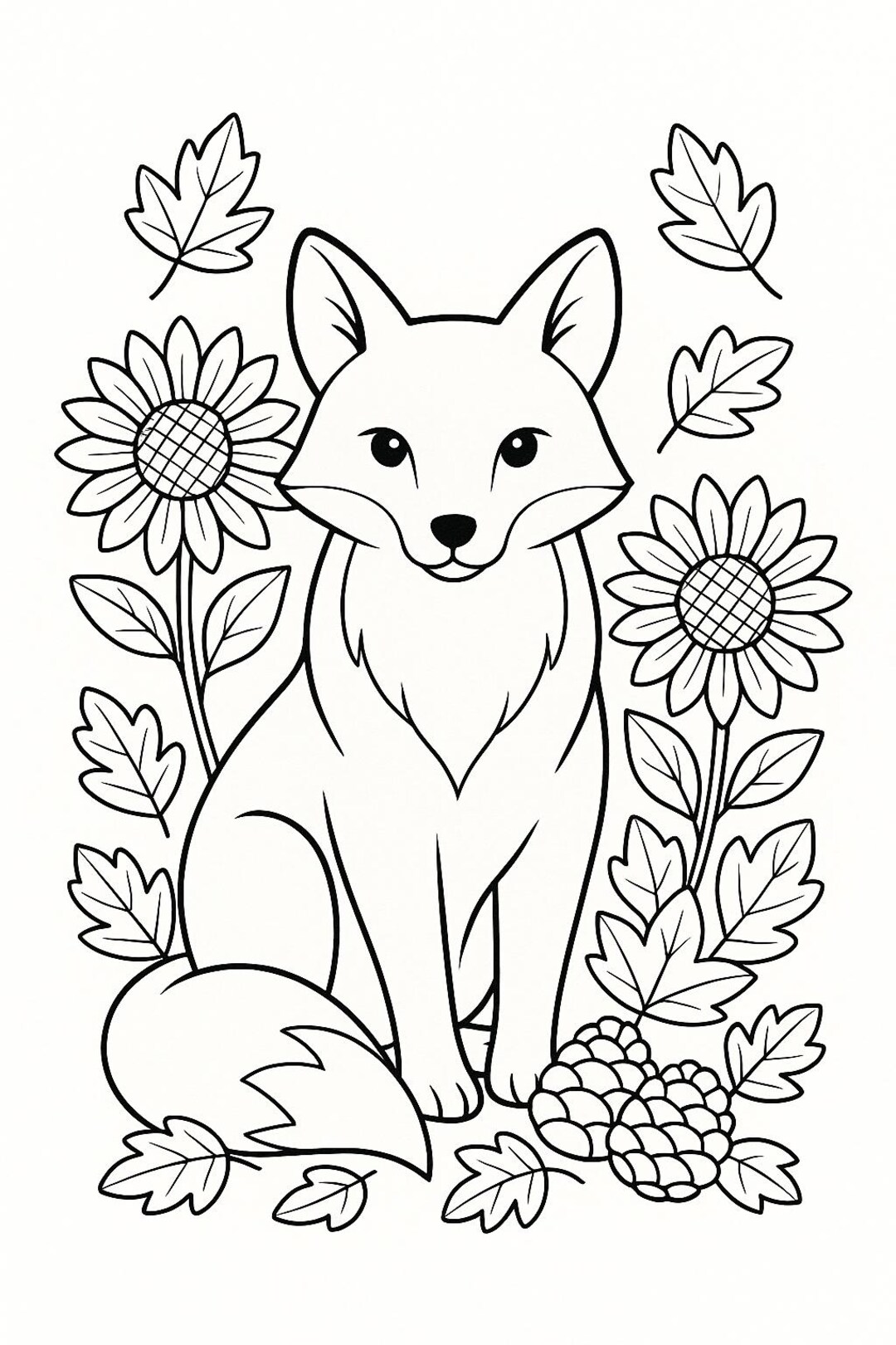 Outline Fox With Sunflowers Coloring Page | Fall Animal Illustration ...