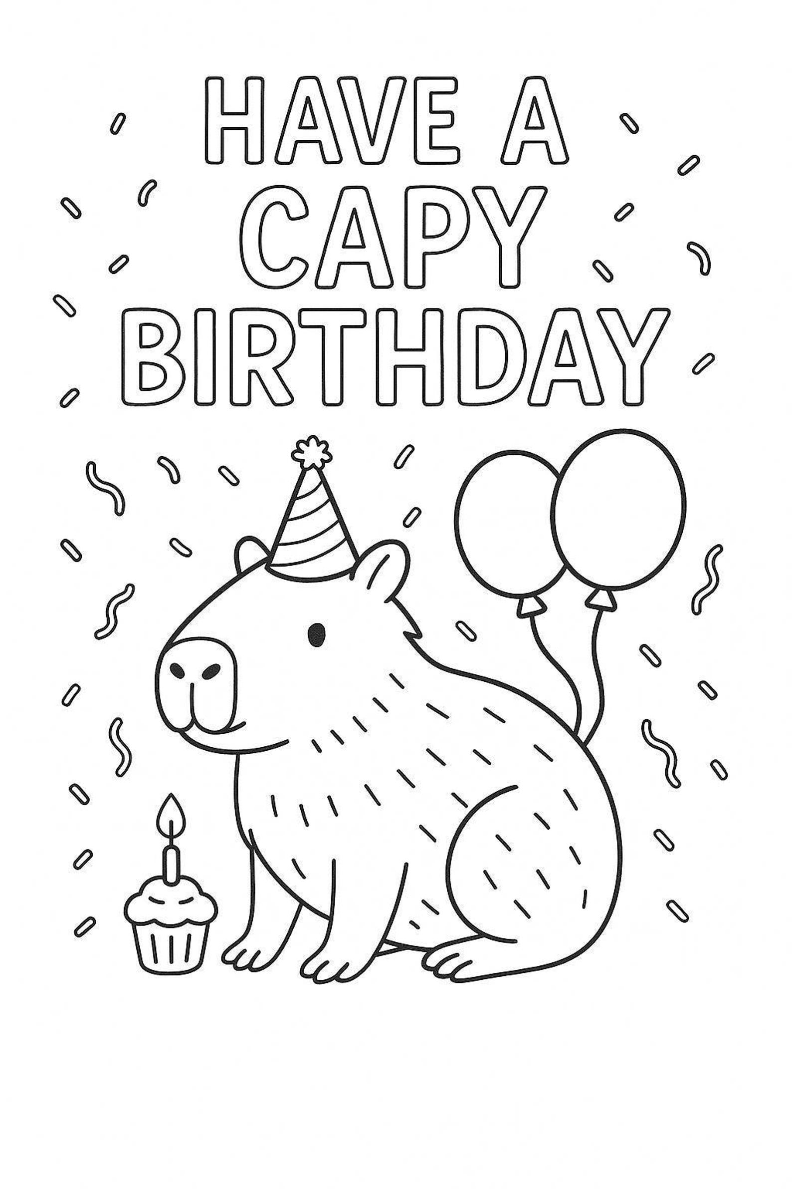 Capybara Birthday Coloring Page | Cute Kids Party Activity (digital ...
