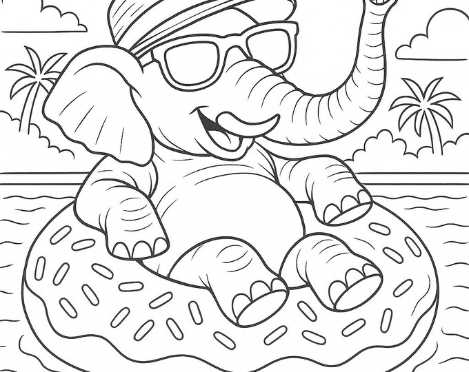 Elephant Coloring Page: Summer Pool Float Animal (instant Download) - Etsy
