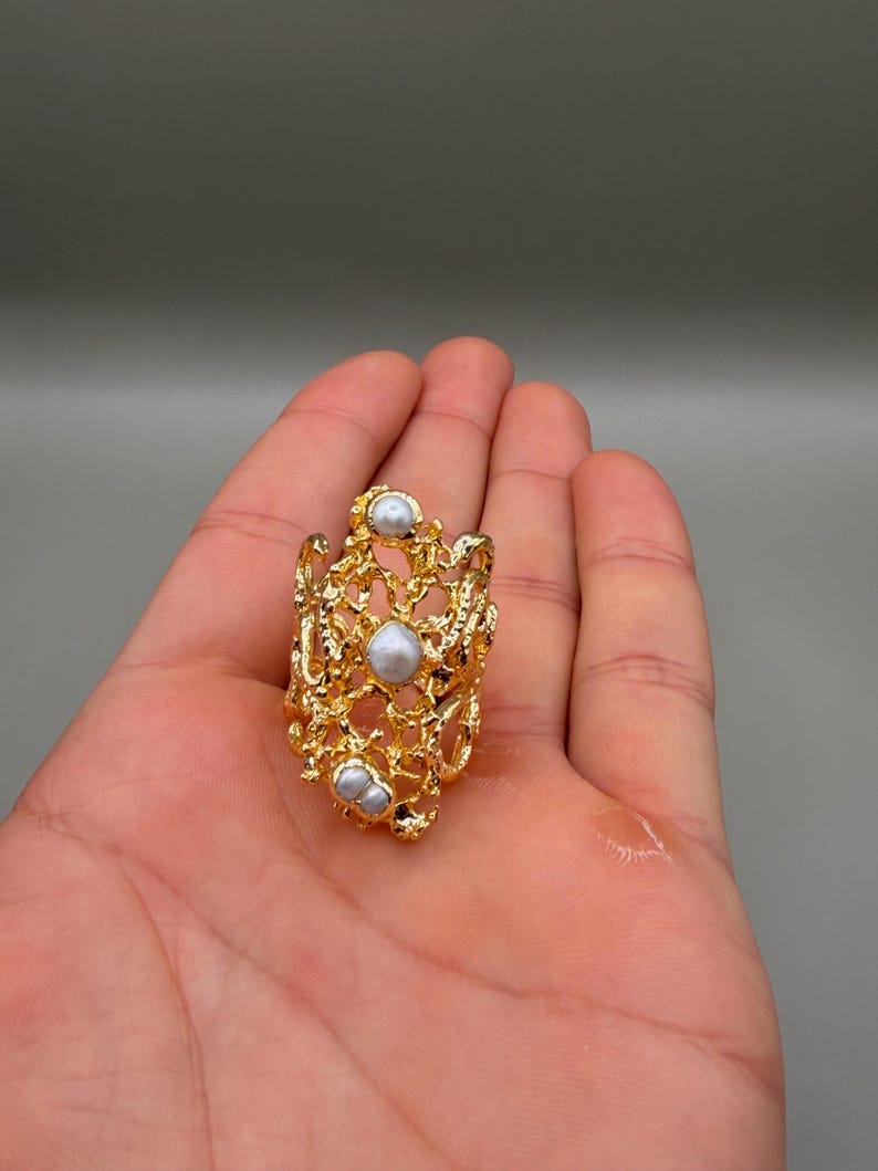 Gold Statement Ring With Pearls, Handcrafted Organic Form Ring ...