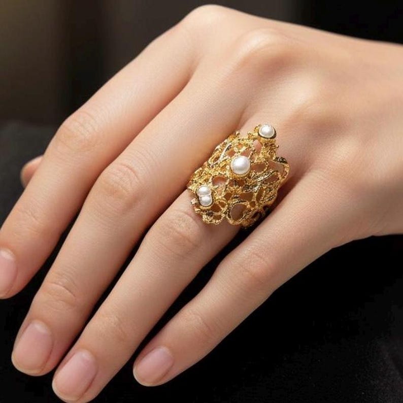 Gold Statement Ring With Pearls, Handcrafted Organic Form Ring ...