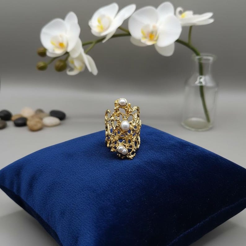 Gold Statement Ring With Pearls, Handcrafted Organic Form Ring ...