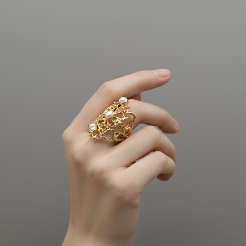 Gold Statement Ring With Pearls, Handcrafted Organic Form Ring ...