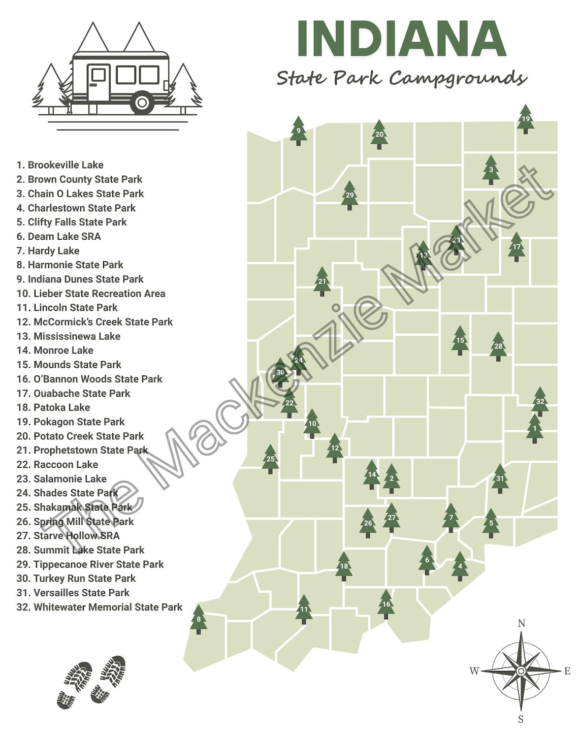 Indiana State Park Campground Map Size 11x14 - Etsy