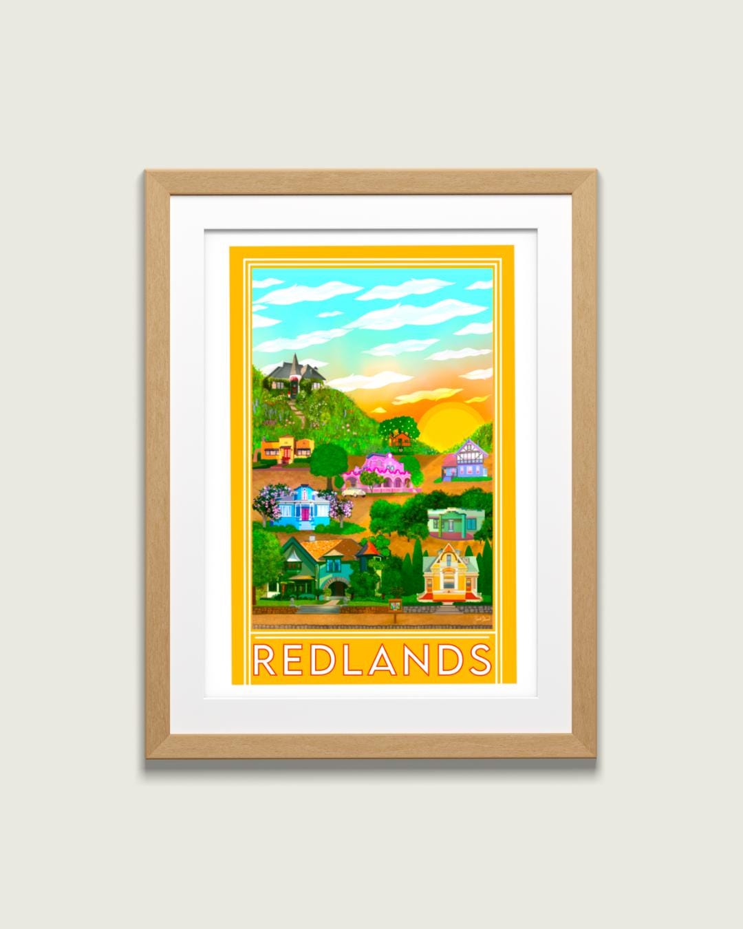 Redlands, CA - Historic Neighborhood Art, Yellow Postcard - Etsy