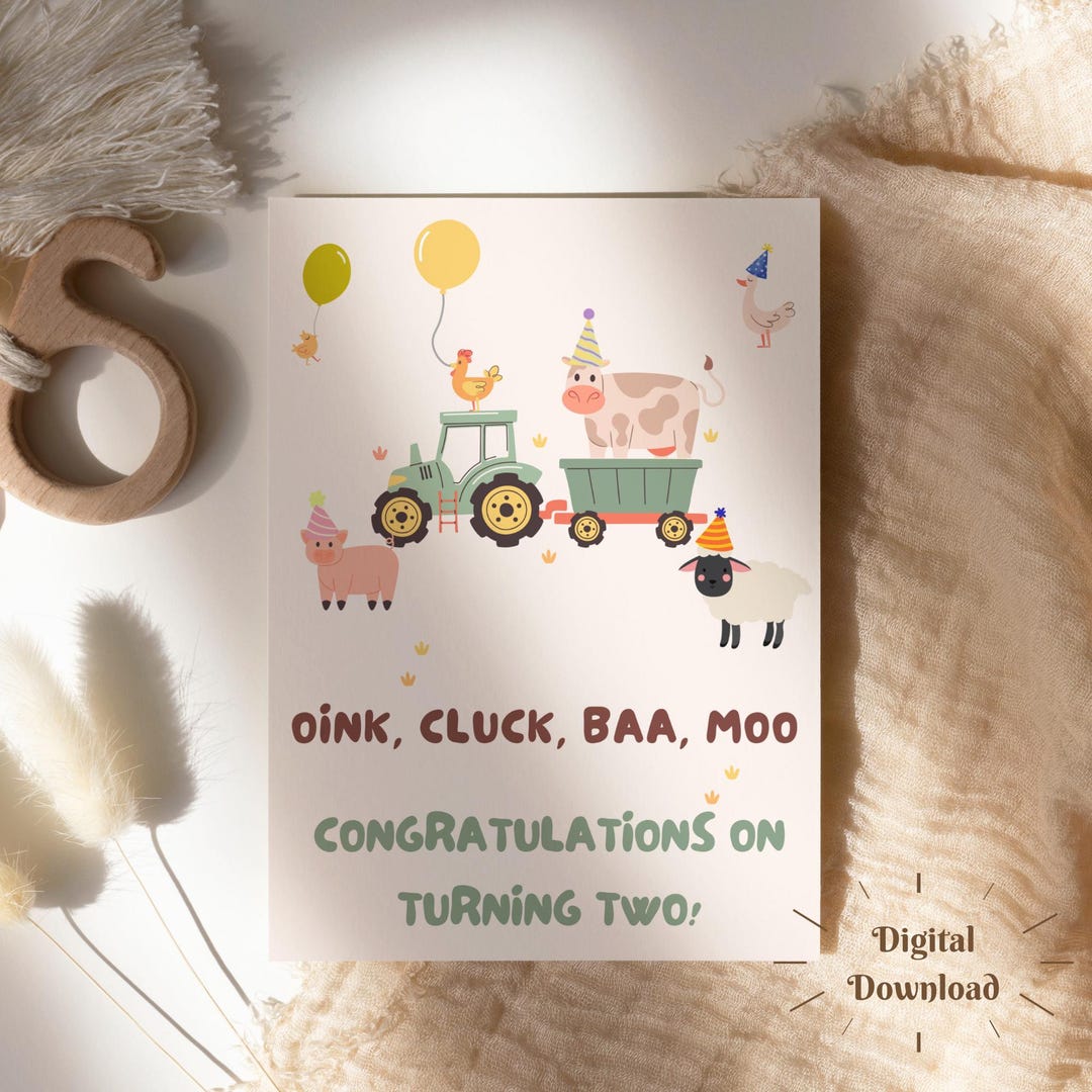 Farm Animals 2nd Birthday Card: Barnyard Theme (digital Download) - Etsy