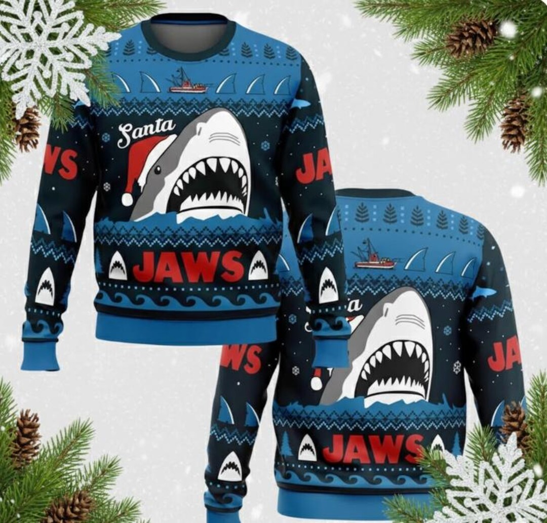 Santa Shark Jaws Ugly Christmas Sweater, Funny Shark Xmas Jumper, Jaws ...