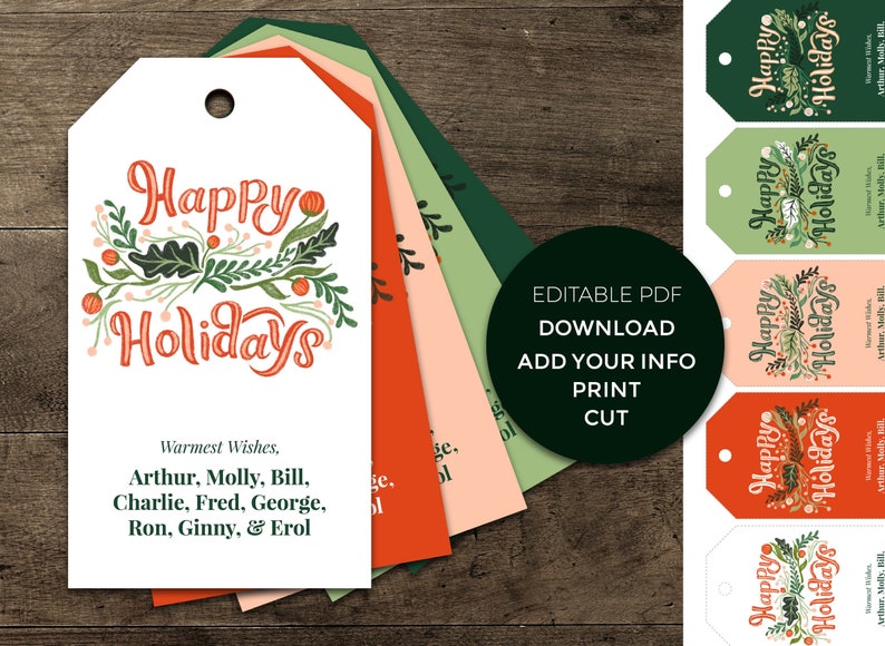 Editable Happy Holiday Gift Tags With Floral and Hand - Etsy