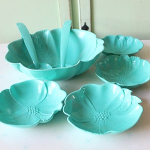 Vintage COLORFUL Groovy Atomic Teal Blue Salad Bowl Set With Utensils ...