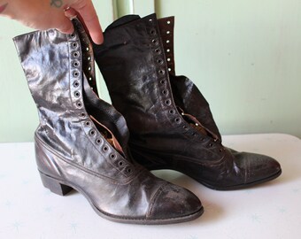 Antique 1800s Victorian Black Leather Lace up High Heel Boots - Etsy