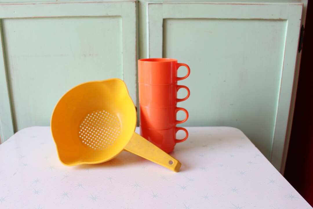 Vintage Orange Cup Yellow Drainer Set...utensils. Vintage Home. Set ...