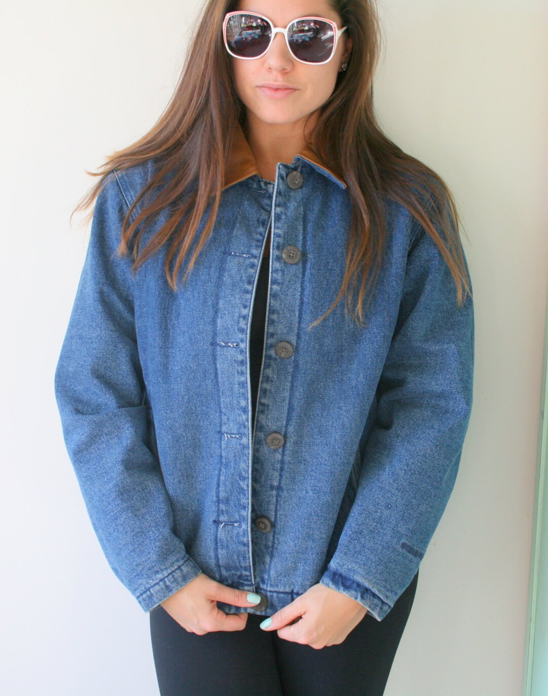 1980s Woolrich Denim Jacket: Leather Collar, Unisex Western Jean Coat ...