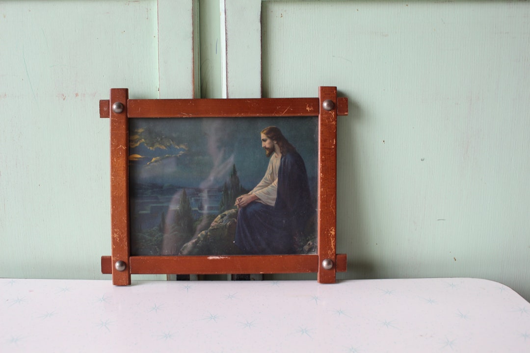 Vintage Wood Frame JESUS Picture...huge. Cross. Jesus. Christian. Retro ...