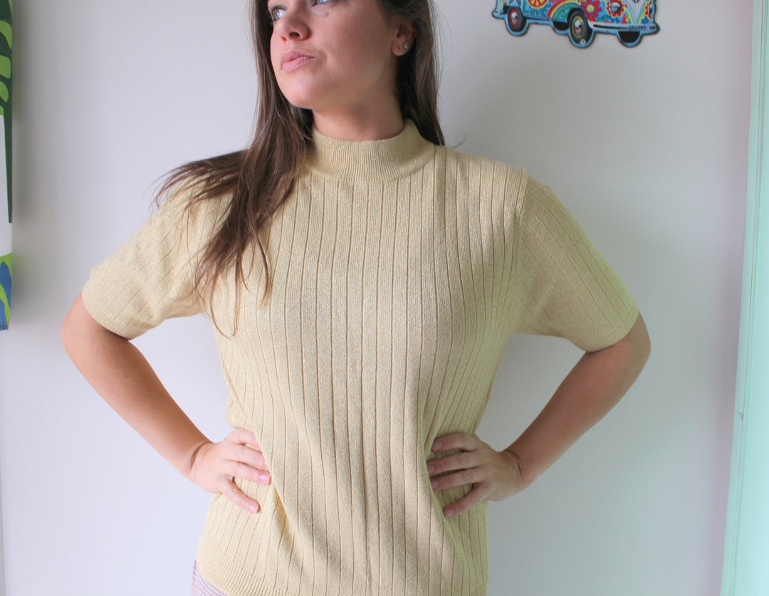 1980s GOLDEN GLITTER Designer Short Sleeve Sweater...gold Sweater ...