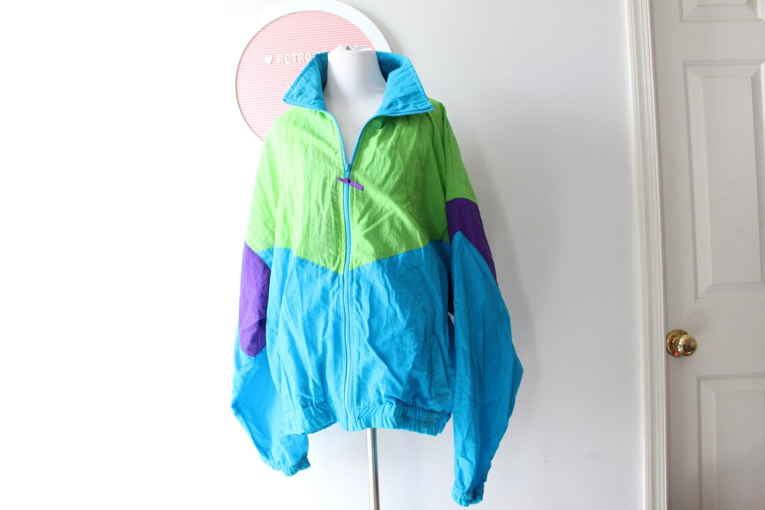 1980s Vintage Neon Windbreaker Jacket.....large.. Blue. Green. Unisex ...