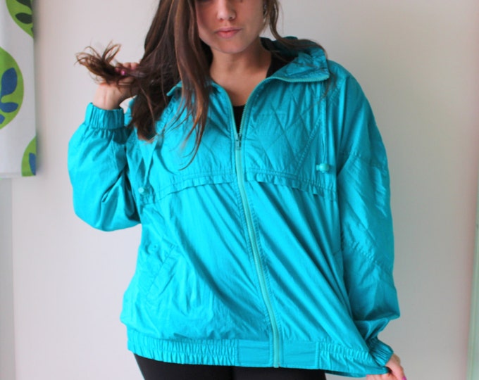 1980s BRIGHT Blue Jacket....size Large Xlarge...colorful. Retro. Teal ...