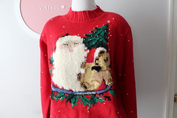 1980s Vintage SANTA Claus St Nick Red Holiday Sweater… - Gem