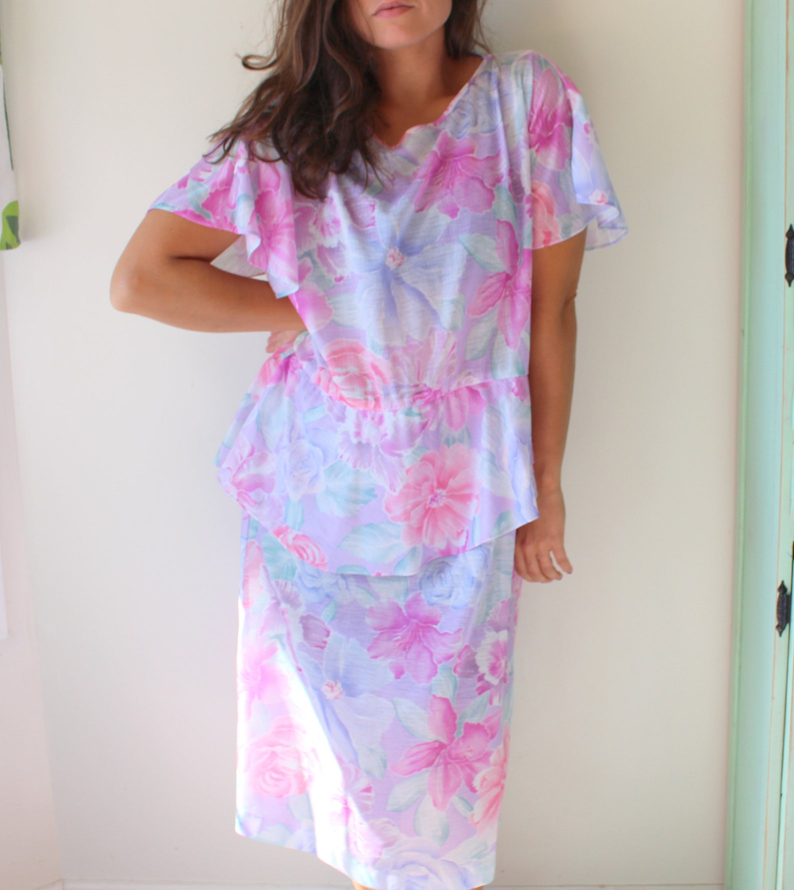 1980s Vintage FLORAL Pink Dress....size Large. Mod. 80s Dress. | Etsy