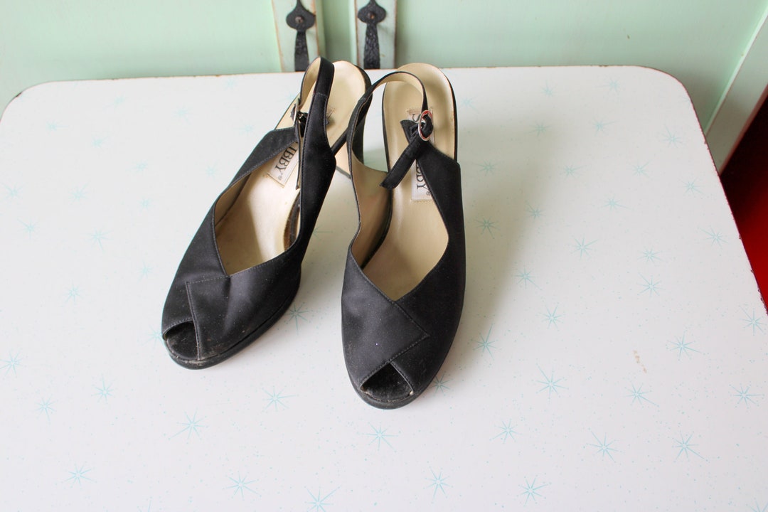 1980s SAM and LIBBY Black Satin Heels: Peep Toe Slingbacks, Size 7 - Etsy