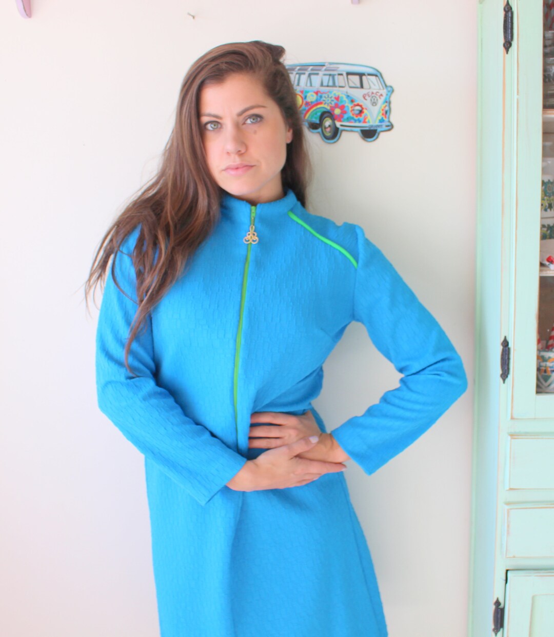 1960s Mod Flight Attendant Dress: Blue Green Retro GOGO (small to ...