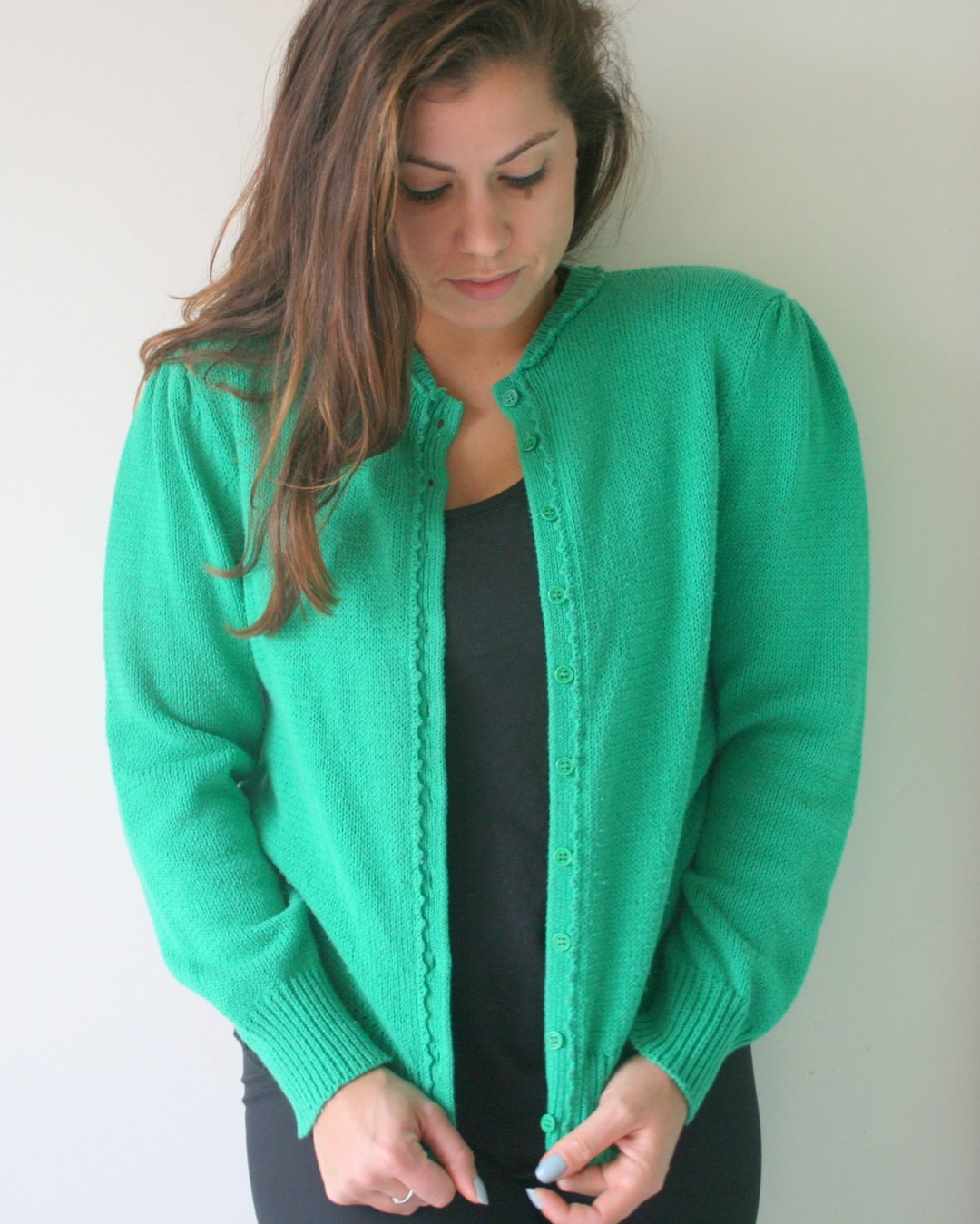 Vintage KELLY GREEN Mid Century Cardigan Sweater....size Small ...