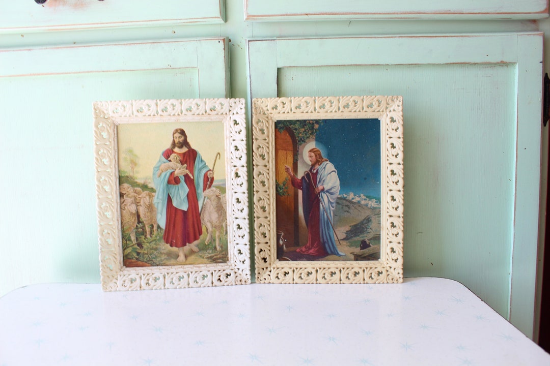 Vintage JESUS Picture Frame Art Set of 2.....church. Cross. Jesus ...