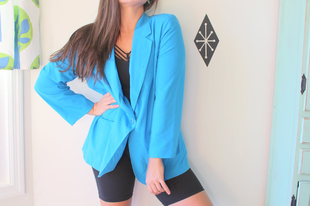 Vintage Bright Blue Blazer Jacket: 80s Retro Style, Size Large - Etsy
