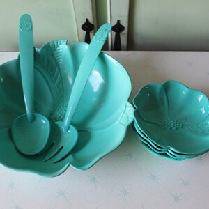 Vintage COLORFUL Groovy Atomic Teal Blue Salad Bowl Set With Utensils ...