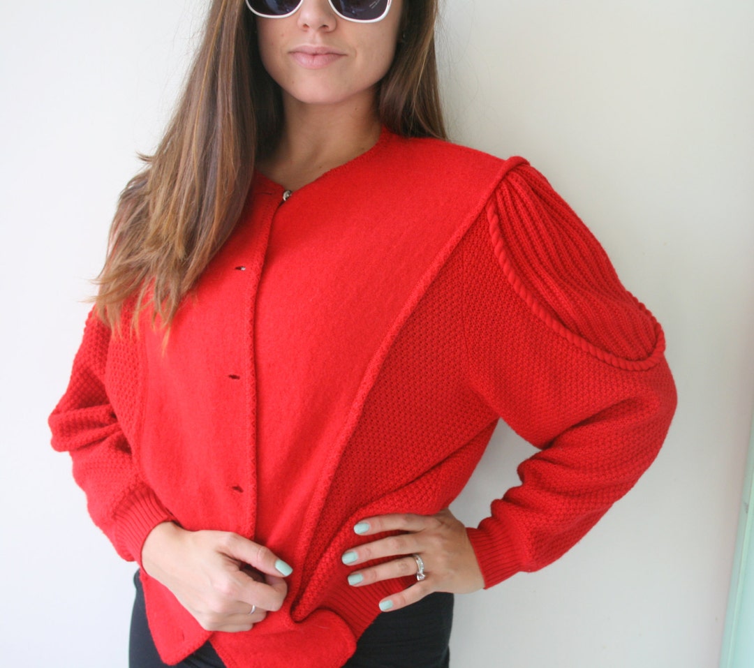 Vintage RED Groovy Mid Century Cardigan Sweater...size Medium Large ...