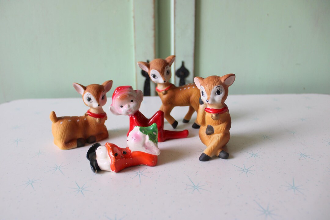 Vintage Deer Elf Christmas Figurine Set....retro. Housewares. Animal ...