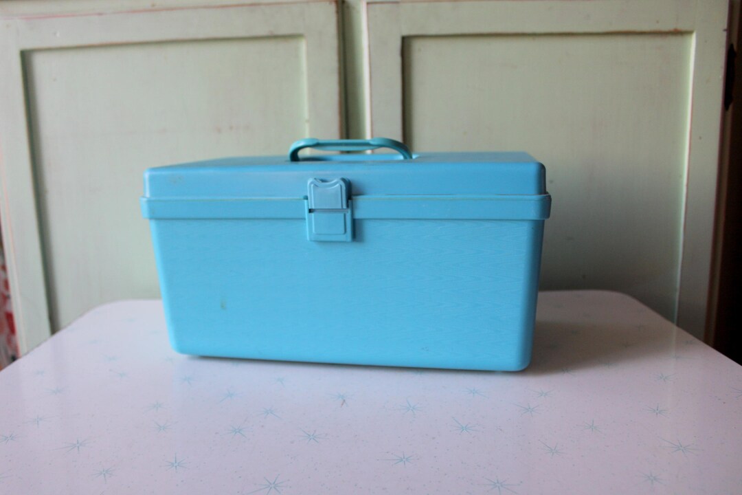 1970s MID CENTURY Atomic Teal Blue Box......threads. Sewing. Craft ...