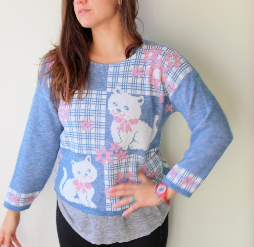 Vintage CAT Sweater...size Medium Large Womens....kitsch. Retro. Cat ...