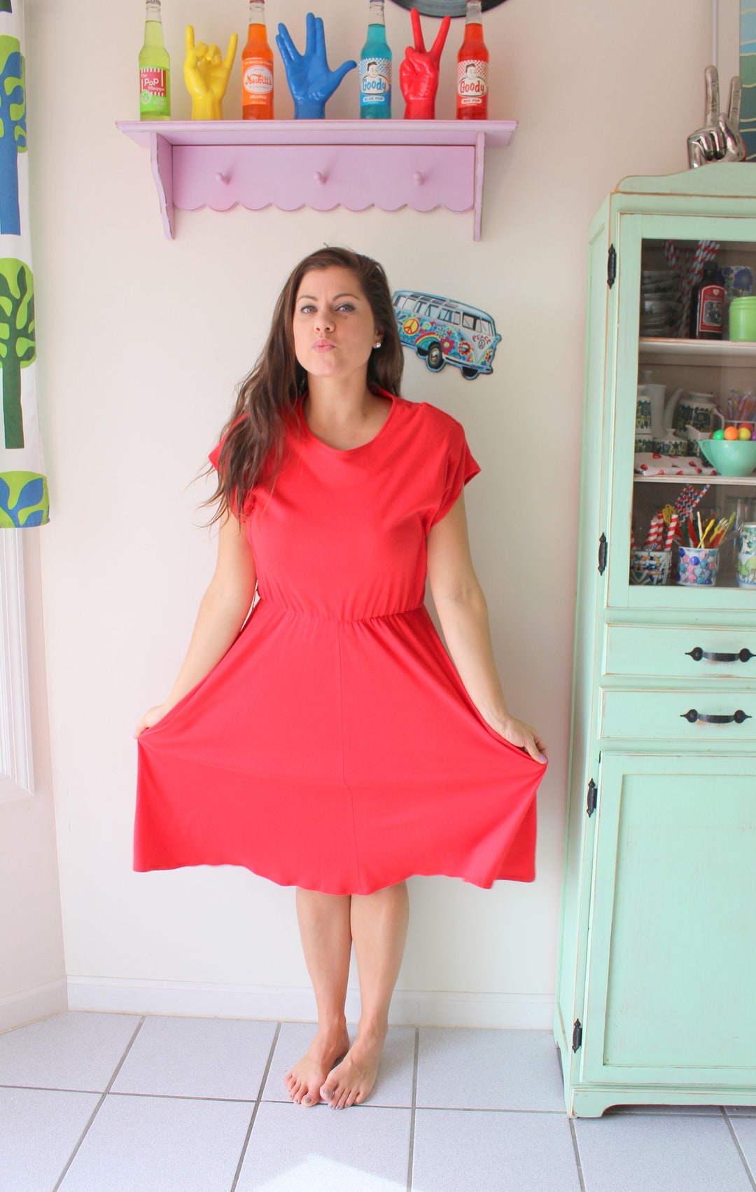1980s RED Dress....size Large....mod. 1980s Dress. Retro. Bright Red ...