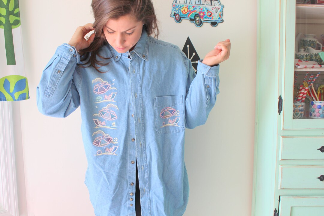1980s Blue Jean Button-up Top: Kitsch Beach Embroidery, Women's Large ...