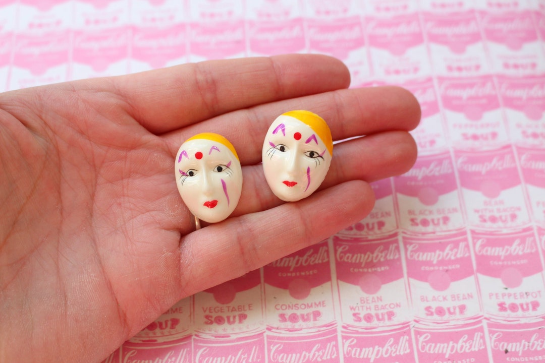 Vintage THEATER MASK Mime Earrings....retro. Earrings. Studs. Pierced ...