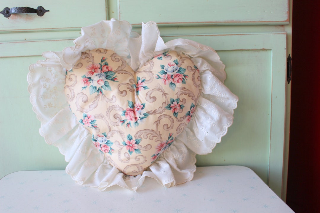 1980s Vintage Heart Throw Pillow: Ruffled Shabby Chic Decor - Etsy
