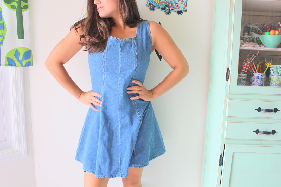 Vintage Acid Wash Denim Jumper Dress - 80s Retro Sleeveless - Etsy