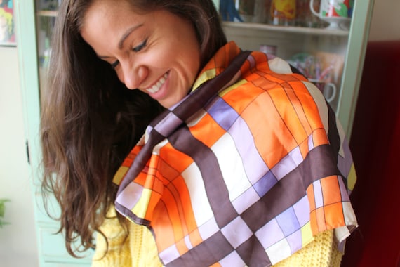 Vintage RETRO SCARF..geometric. orange. square. silky… - Gem