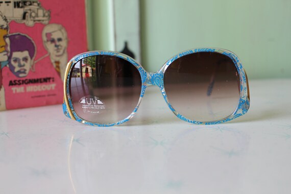 NOS 1980s MOD GIRL Sunglasses...gold. blue. oversized… - Gem