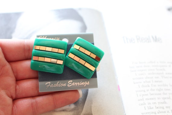 1980s NOS Square NOS Earrings. green. costume. 1980s … - Gem