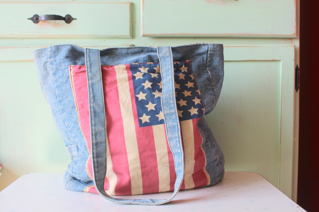 Vintage 90s Blue Jean Tote Bag: American Flag Purse - Etsy
