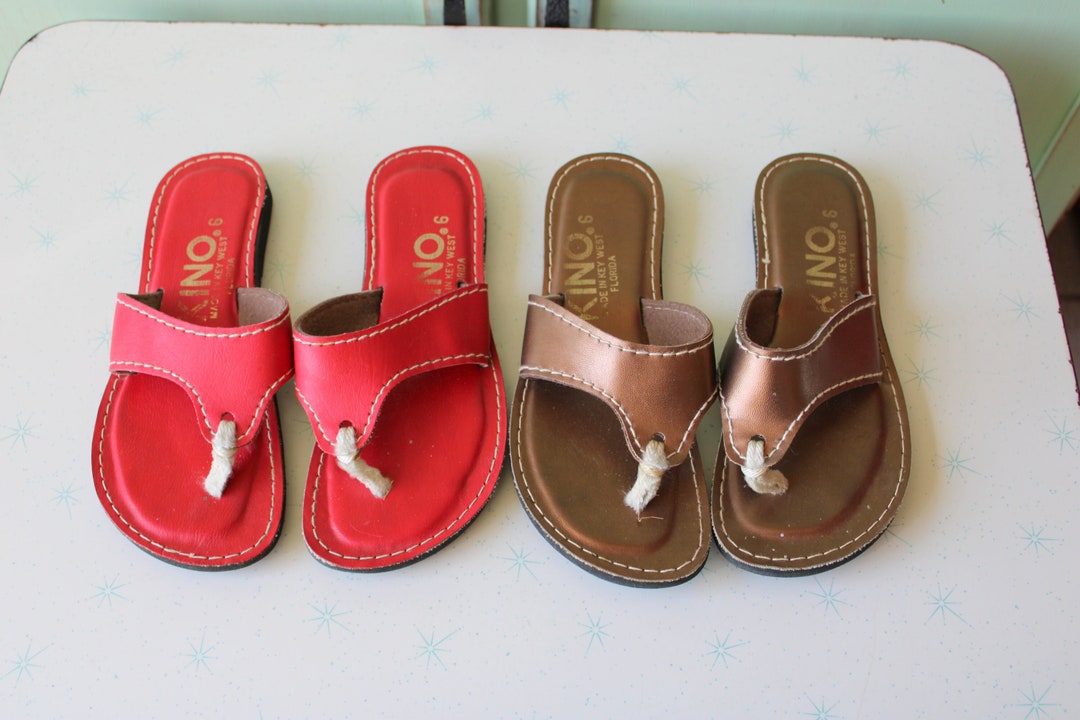 1980s Leather Thong Sandals, Red & Bronze, Size 6 (lot of 2) - Etsy