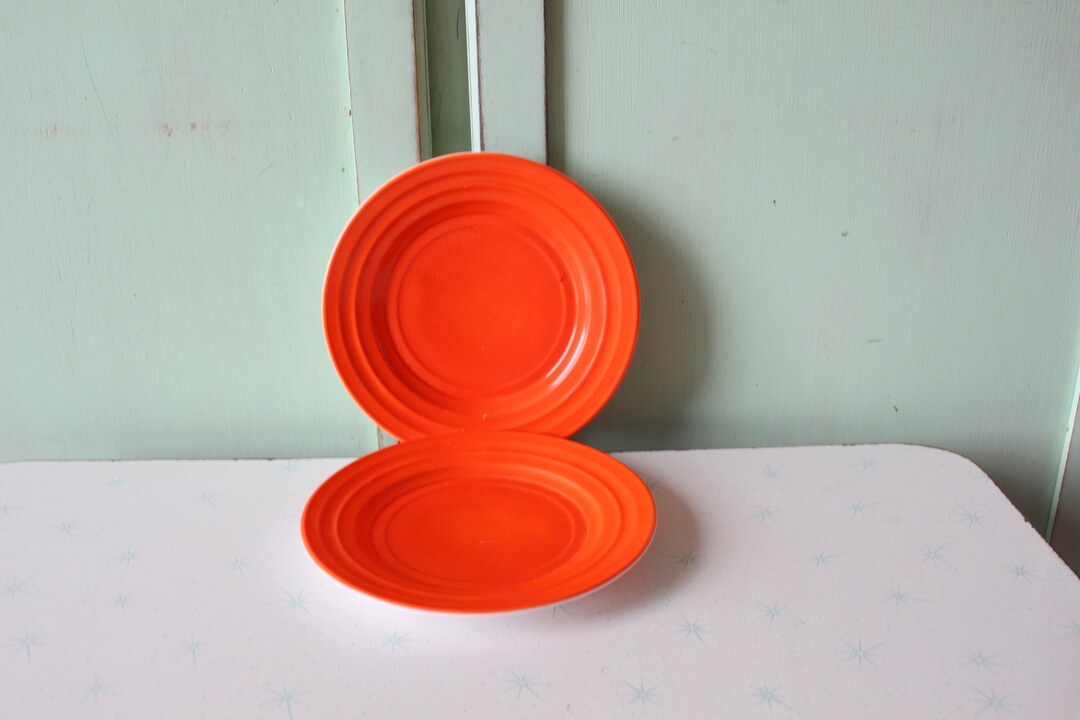 Vintage Orange 1960s 70s Atomic Plate Milk Glass SET of 2...colorful ...