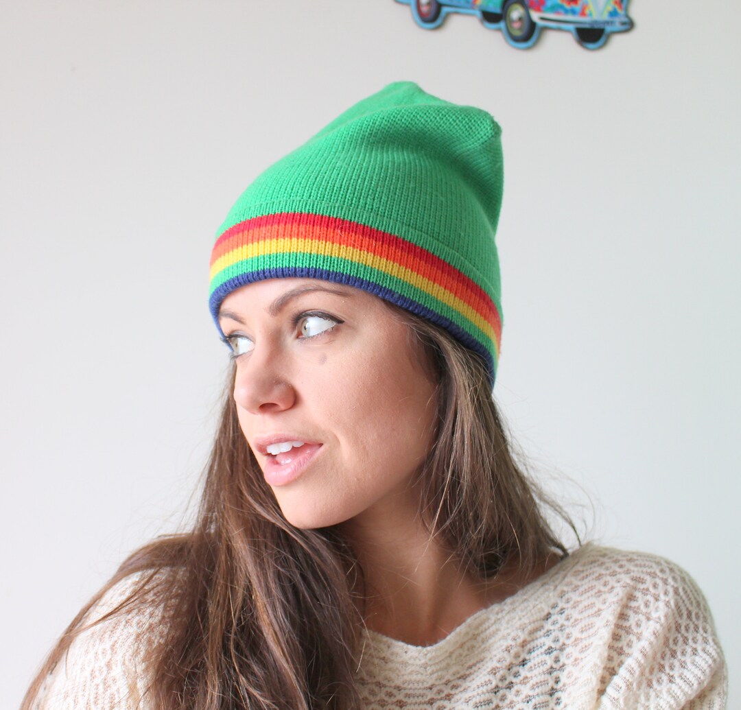1980s NOS New Old Stock Beanie....hat. Green. Unisex. Colorful. Rainbow ...